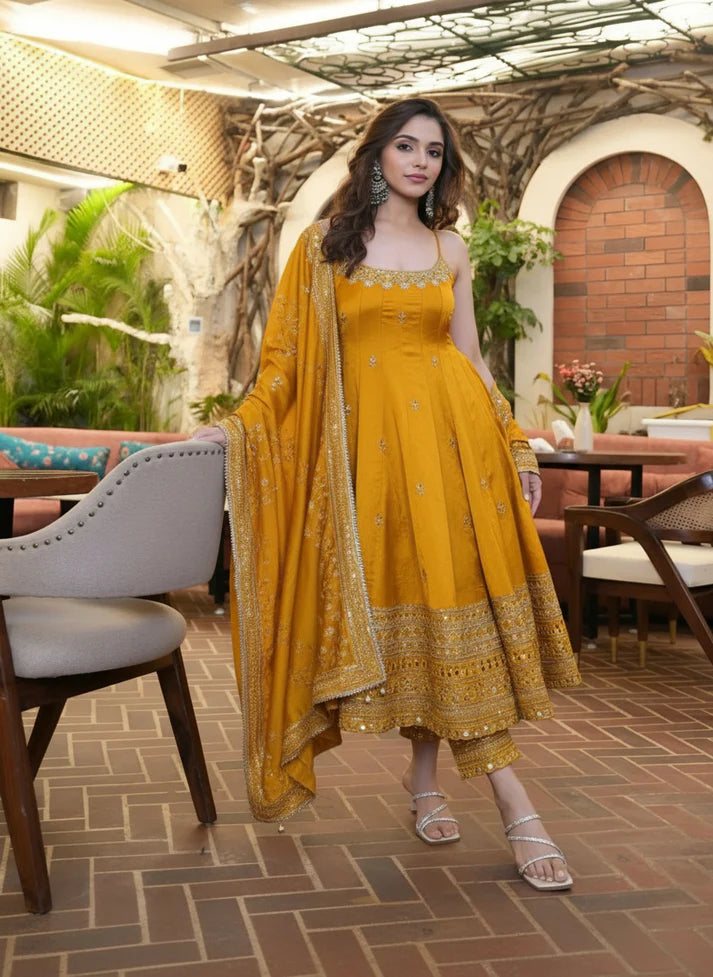 Alveera Premium Quality Mustard Yellow Suit Set – Liksha Clothing